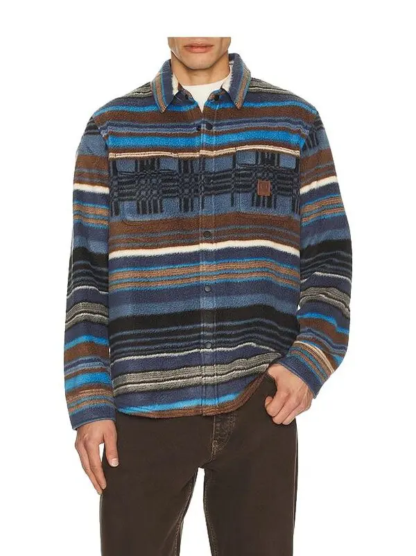 Brixton Bowery Arctic Stretch Fleece Shirt In Slate,brown - Mood Indigo Blanket Stripe
