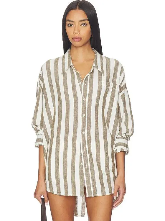 Denimist Button Front Shirt - Jumbo Olive & Ecru Stripe