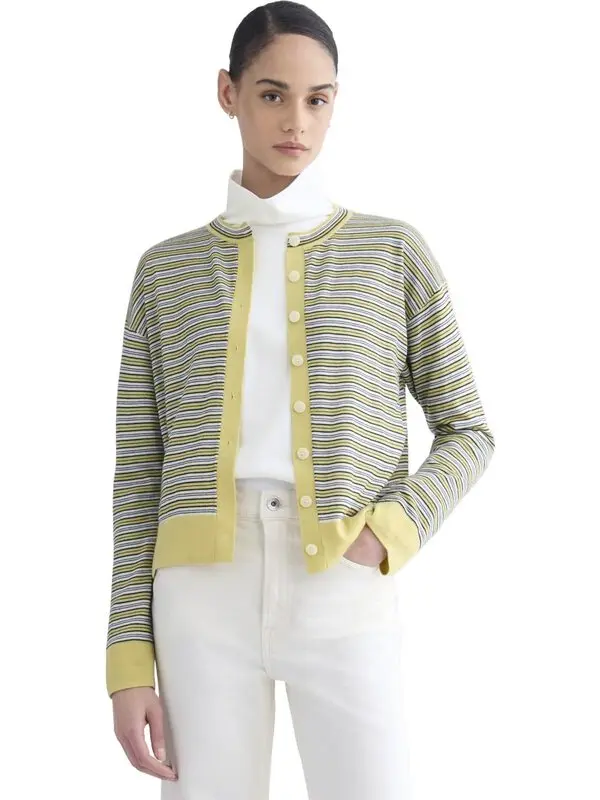 Everlane Ultrasoft Merino Crewneck Cardigan - Double Cream Multi Stripe