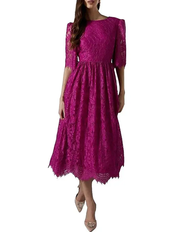 Coast Lace Short Sleeve Midi Dress - Magenta