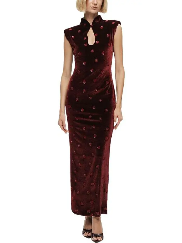 NOCTURNE Velvet Midi Dress - Burgundy
