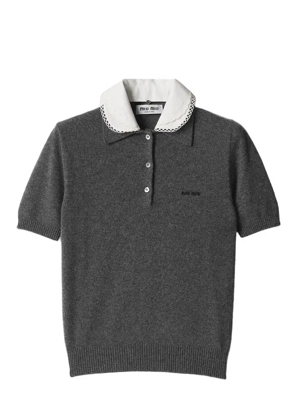 Miu Miu Cashmere Polo With Poplin Collar - Slate Gray