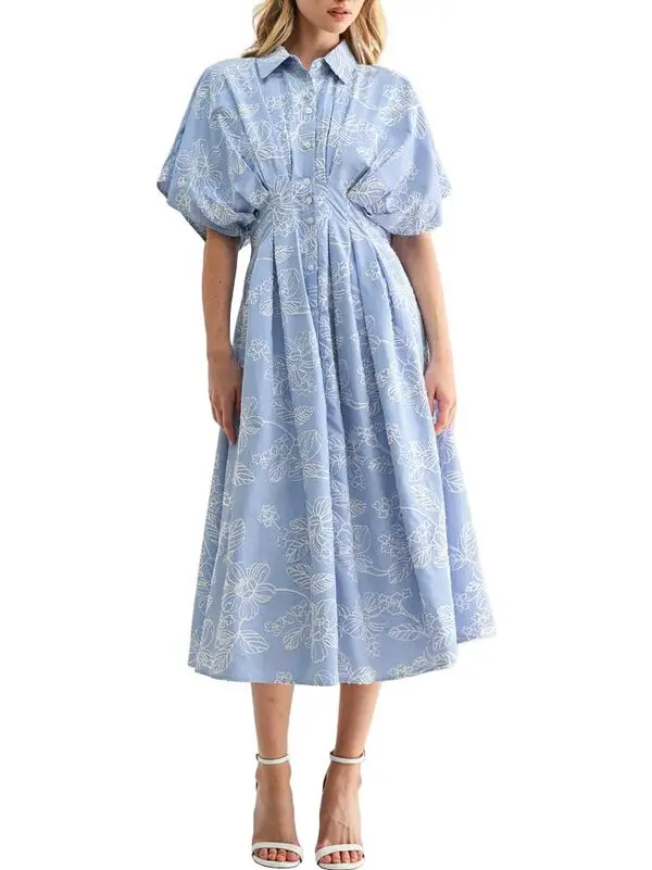 QUINCY MAE Embroidered Stripe Midi Shirtdress - Blue White