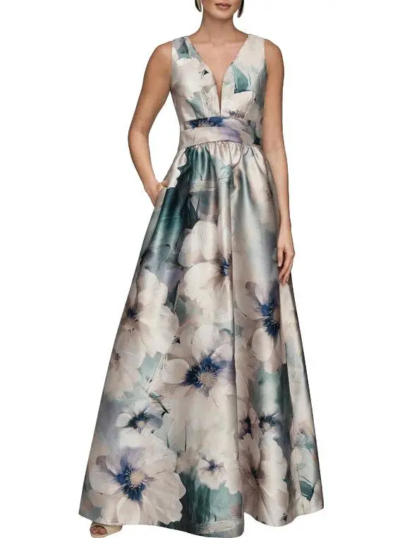 Donna Karan New York Floral Plunge Neck Ball Gown - Laurel Multi