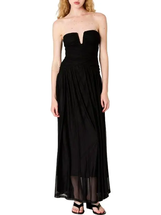 NIA Ruched Strapless Chiffon Maxi Dress - Black