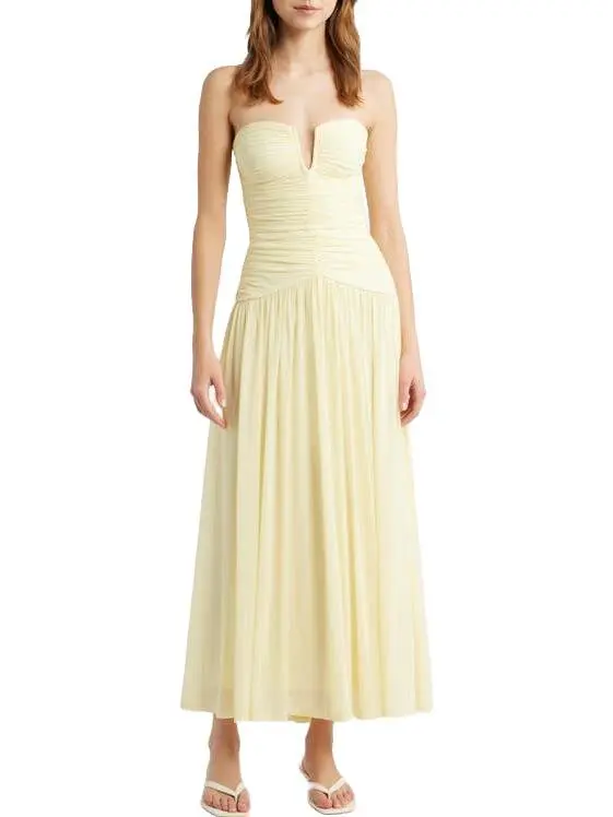 NIA Ruched Strapless Chiffon Maxi Dress - Butter