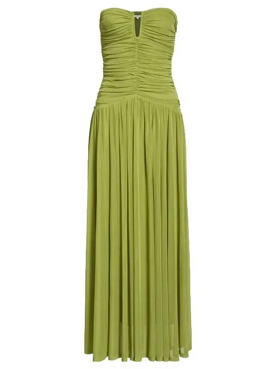 NIA Ruched Strapless Chiffon Maxi Dress - Peridot