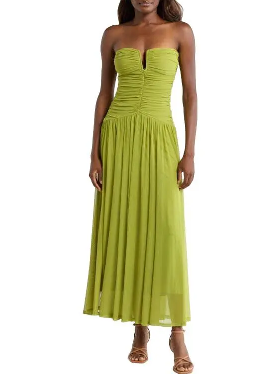 NIA Ruched Strapless Chiffon Maxi Dress - Peridot