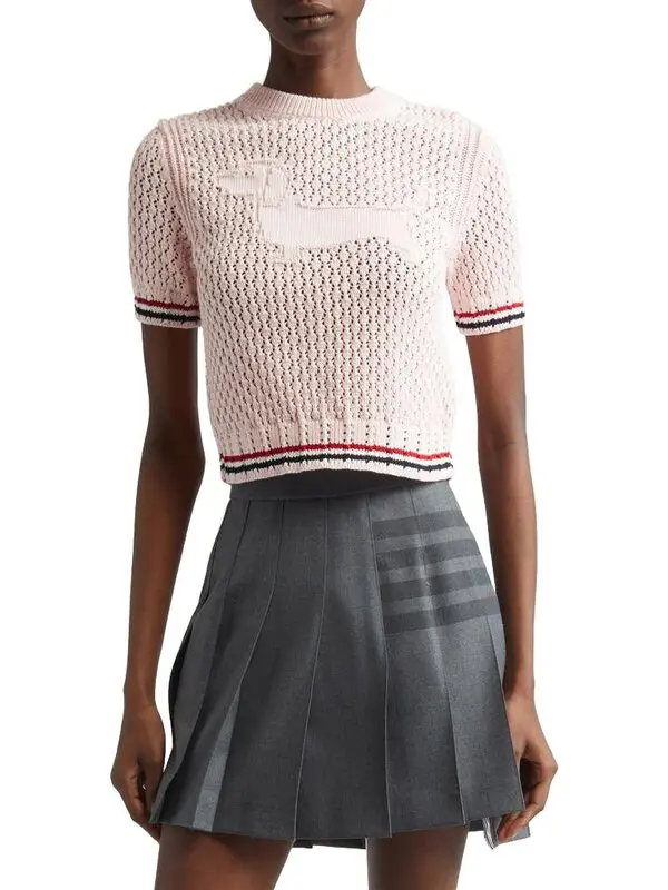 Thom Browne Hector Icon Pointelle Stitch Crop Sweater - Light Pink