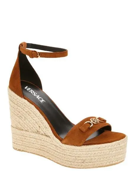 Versace Medusa '95 Suede Espadrille Wedge Sandal - Spice Brown-versace Gold