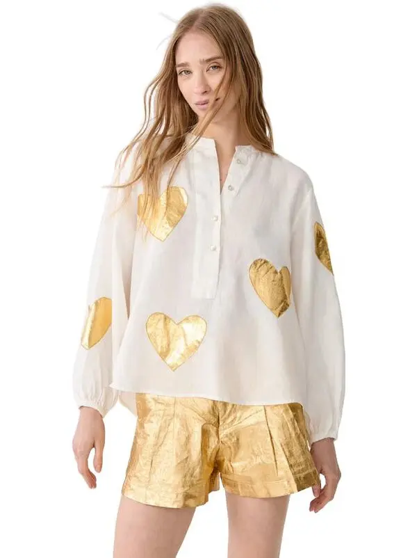 Lanhtropy Cupid Linen Shirt - Off-white With Gold Hearts
