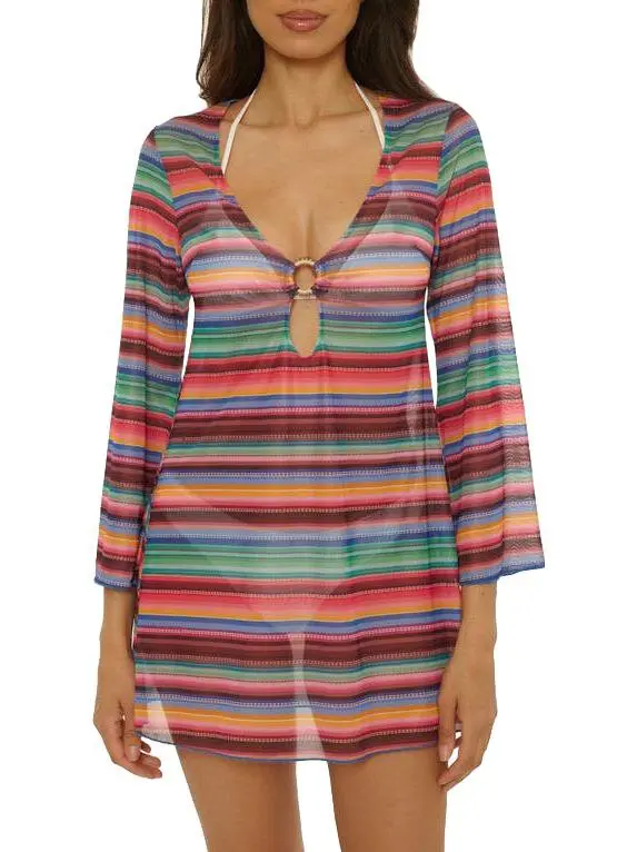 BECCA® By Rebecca Virtue Vallarta Long Sleeve Cover-up Tunic - Red Multi Stripe