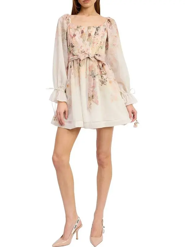 EN SAISON Floral Print Tie Waist Chiffon Mini Dress - Ivory Blush Orchid