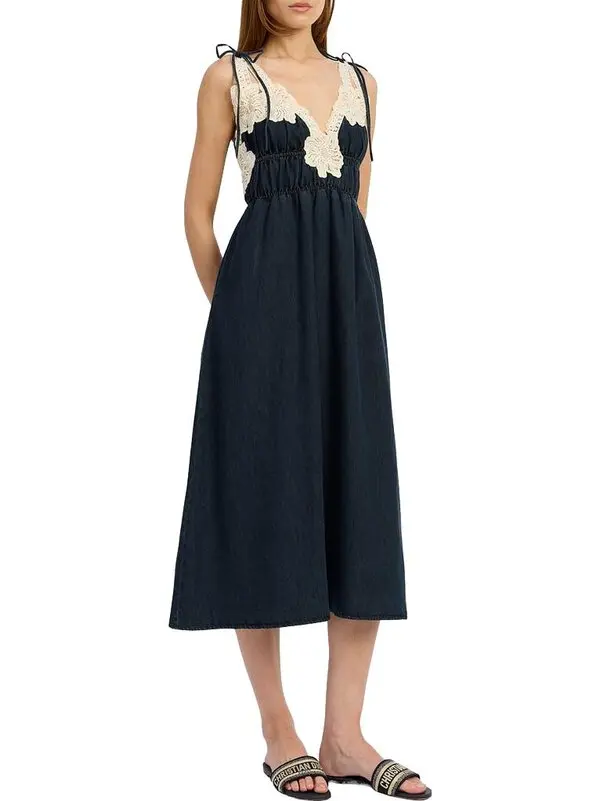 EN SAISON Natalia Lace-trim Shirred Midi Dress - Vintage Indigo