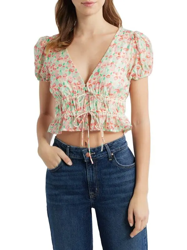 ALL IN FAVOR Floral Tie-front Crop Top - Cream Pink