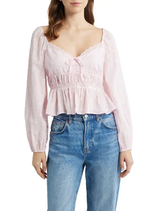 ALL IN FAVOR Embroidered Long Sleeve Peplum Top - Light Pink
