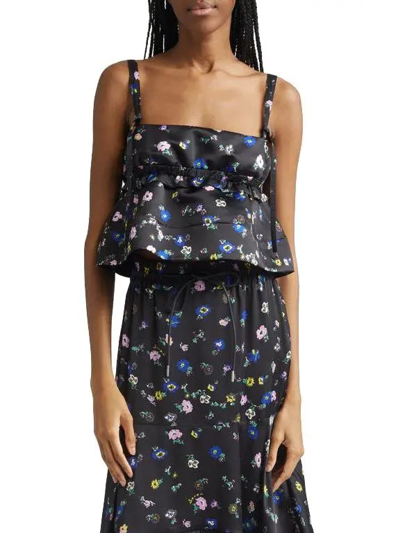 Sacai Floral Print Crop Satin Camisole - Black