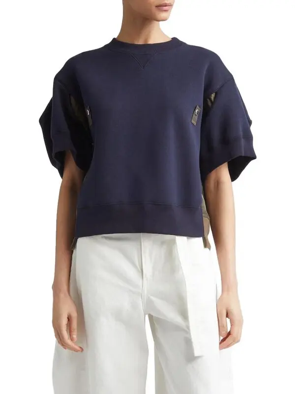 Sacai Sponge Short-sleeve Pullover Sweatshirt - Navy/dark Khaki