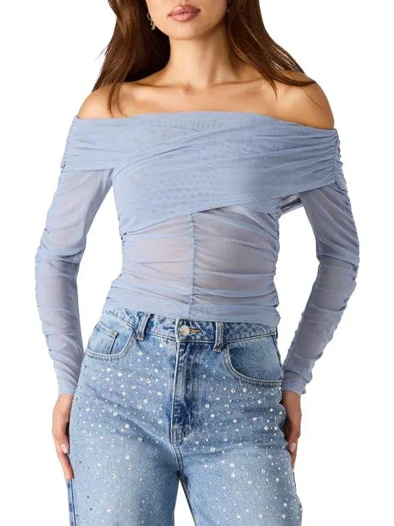 Steve Madden Viktoria Off-the-shoulder Mesh Top - Stone Blue