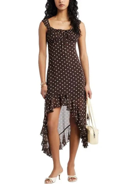 Bp. Bias Cut Chiffon Asymmetric Hem Dress - Brown Charlotte Polka Dot