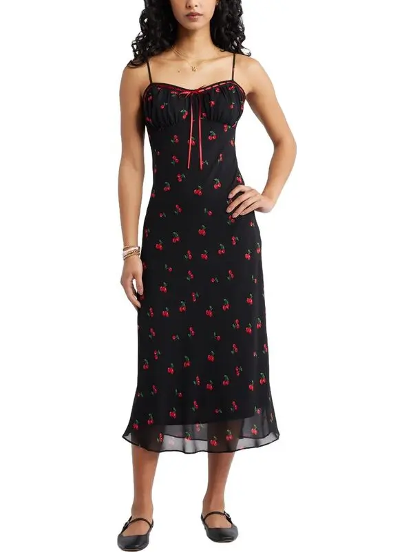 Bp. Tie-front Chiffon Midi Dress - Black- Red Emily Cherries