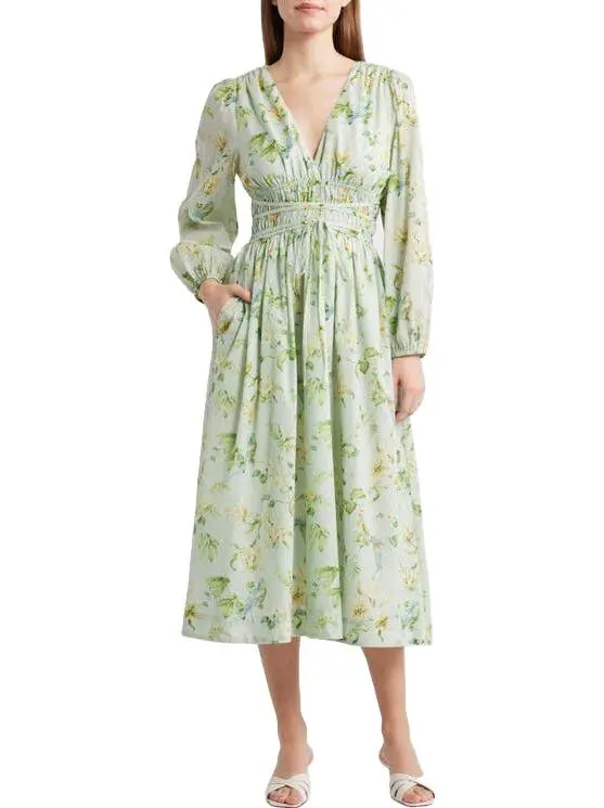 EN SAISON Floral Cotton Midi Dress - Sage Olive Yellow