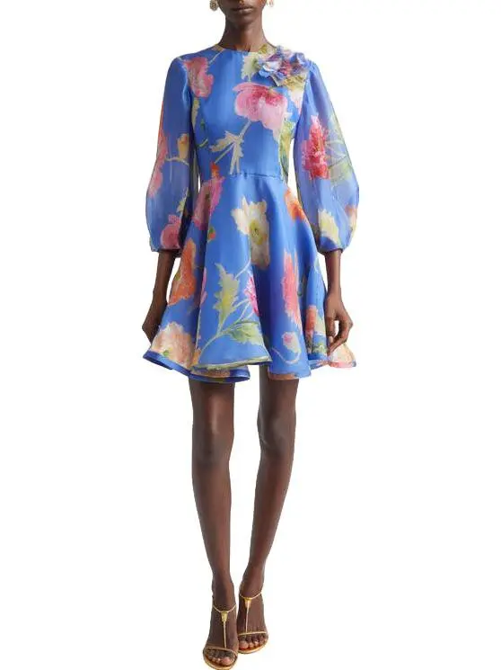 Carolina Herrera Poppy Print Floral Silk Organza Minidress - Bluebell Multi