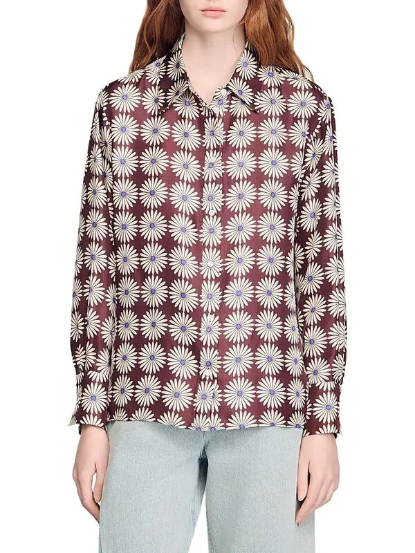 Sandro Floral Print Silk Shirt - Marron / Blue