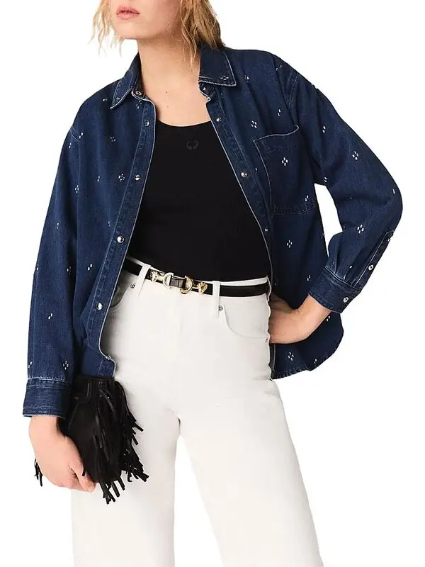 Maje Rhinestone Embellished Denim Shirt - Blue