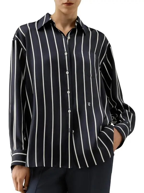 Lilysilk Silk Twill Striped Button-down Shirt - Navy And White Stripe