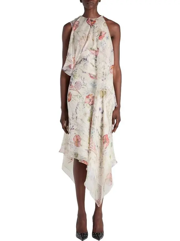 Alexander McQueen Meadow Floral Print Asymmetric Silk Chiffon Dress - White