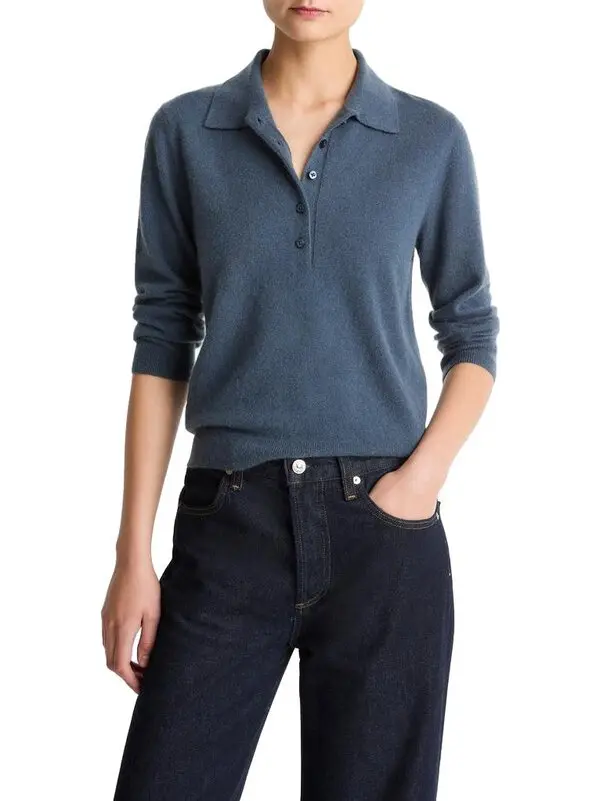 Vince Cashmere And Silk Long Sleeve Polo Sweater - Azura