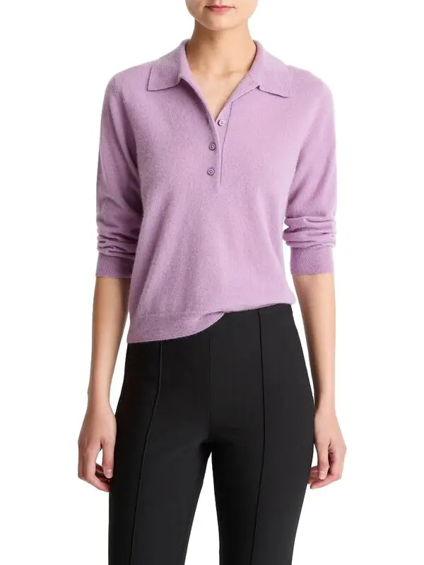 Vince Cashmere And Silk Long Sleeve Polo Sweater - Mulberry