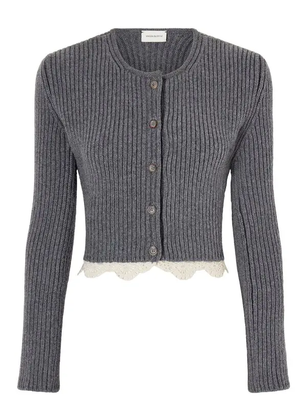 Magda Butrym Cropped Lace-trimmed Ribbed Wool Cardigan - Gray