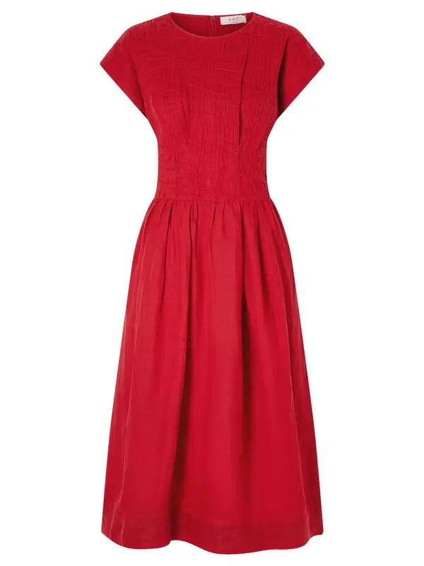 Sea Imogen Smocked Pleated Ramie Midi Dress - Red