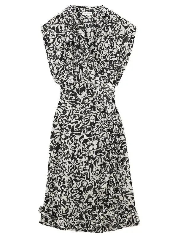 Dries Van Noten Ruffled Printed Crepe De Chine Midi Wrap Dress - Black