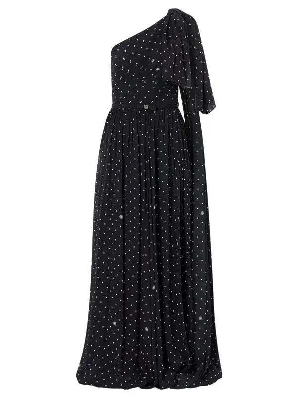 Elie Saab One-shoulder Polka-dot Chiffon Gown - Black