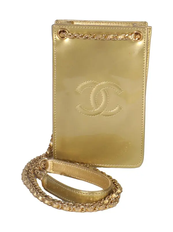 Chanel Patent Cc Phone Holder Crossbody - Gold