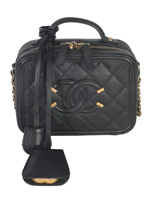 Chanel Quilted Caviar Cc Filigree Vanity Case - Black