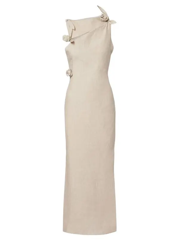 Coperni Floral-appliqué Asymmetric Linen Maxi Dress - Beige