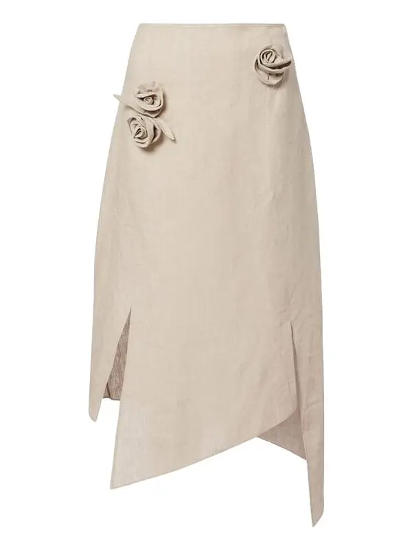 Coperni Floral-appliqué Asymmetric Linen Midi Skirt - Beige