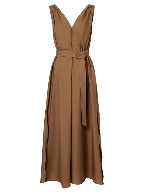Brunello Cucinelli Belted Cotton-blend Midi Dress - Beige