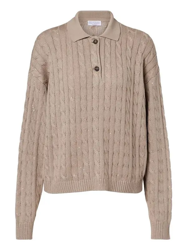 Brunello Cucinelli Cable-knit Cotton-blend Polo Sweater - Beige