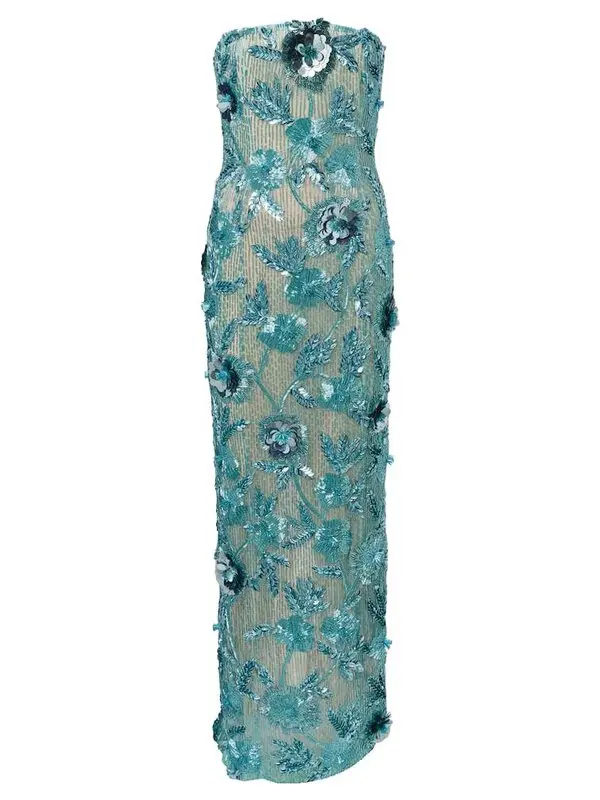 Rachel Gilbert Pierre Embellished Floral-appliqué Gown - Blue