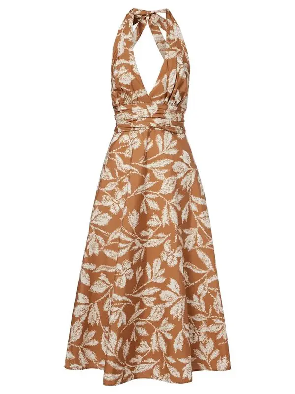 Max Mara Halterneck Printed Cotton Midi Dress - Beige