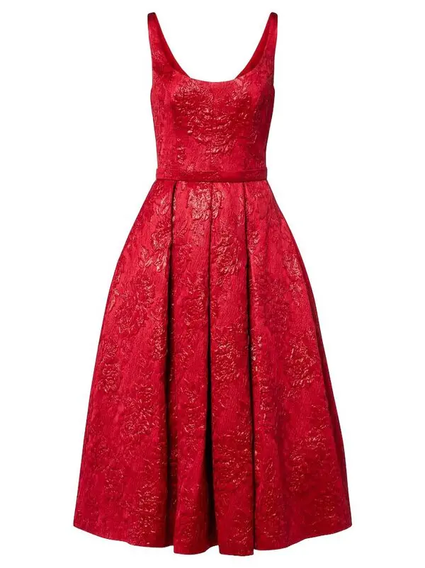 Safiyaa Asher Floral Jacquard Midi Dress - Red