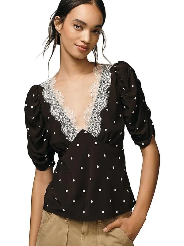 Rails Lazara Lace V-neck Top - Cocoa Polka Dot