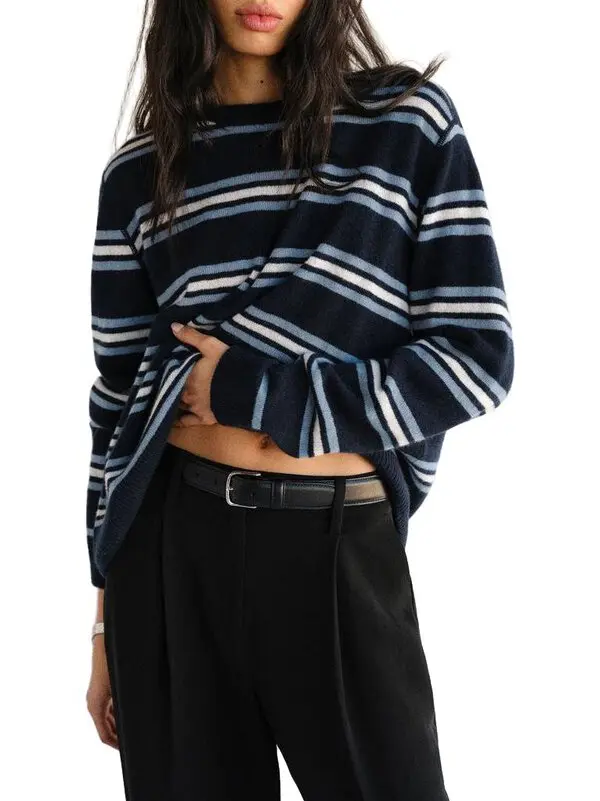 REFORMATION Cashmere Boyfriend Striped Sweater - Navy Multi Stripe