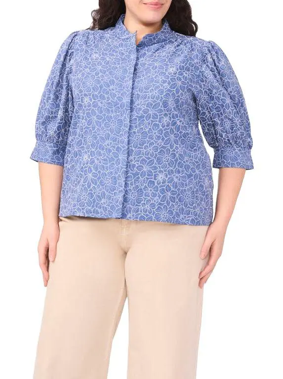 CECE DUPRAZ Daisy Embroidered Chambray Top - Classic Navy