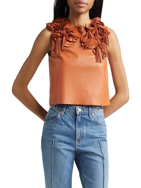 Ulla Johnson Marlowe Floral Appliqué Leather Top - Sienna